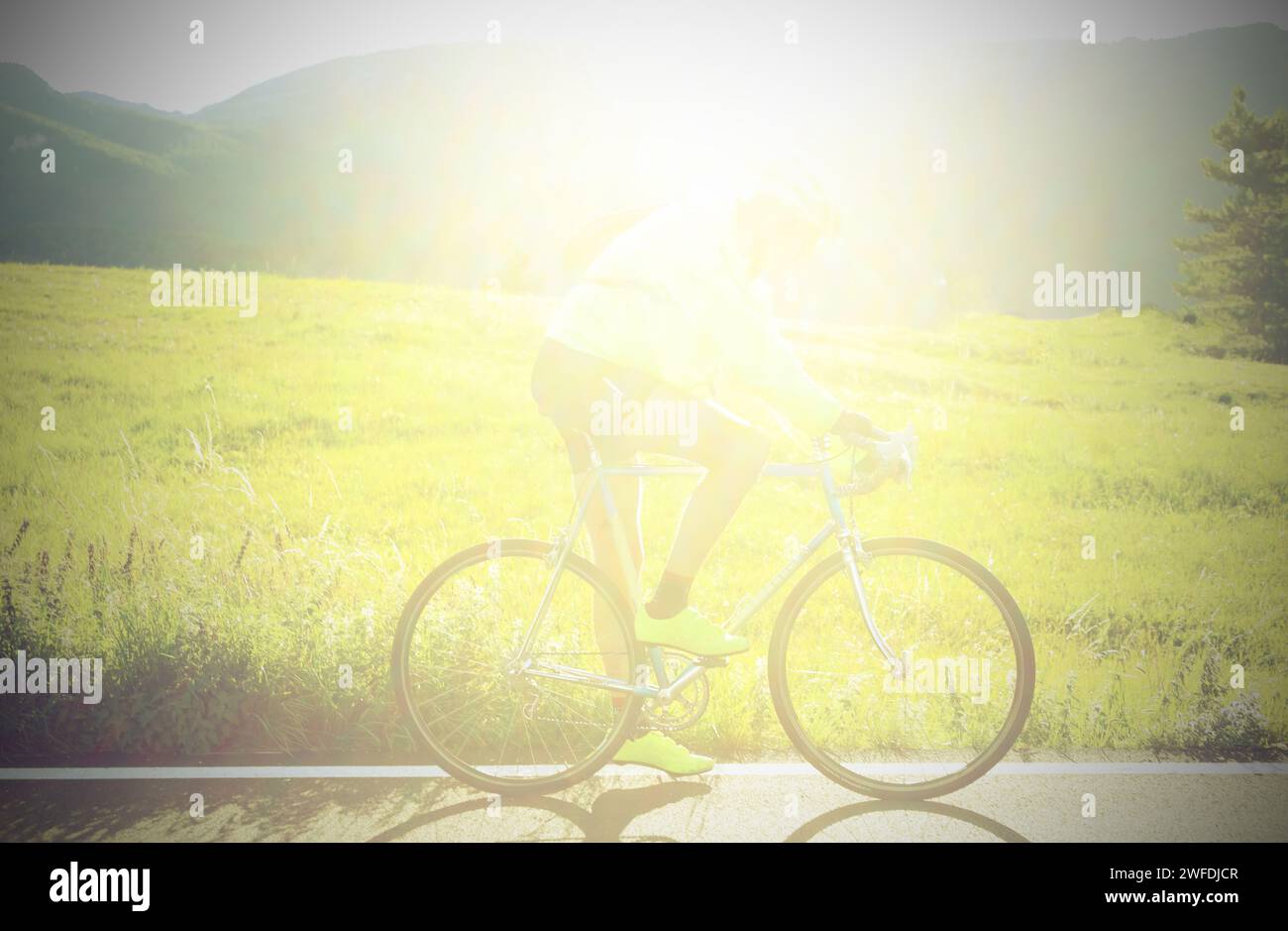 unrecognizable cyclist with racing bike on the road in backlight ideal ...