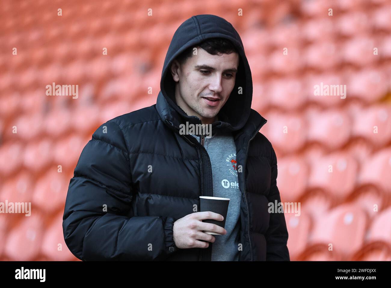 Albie Morgan of Blackpool arrives during the Bristol Street Motors ...