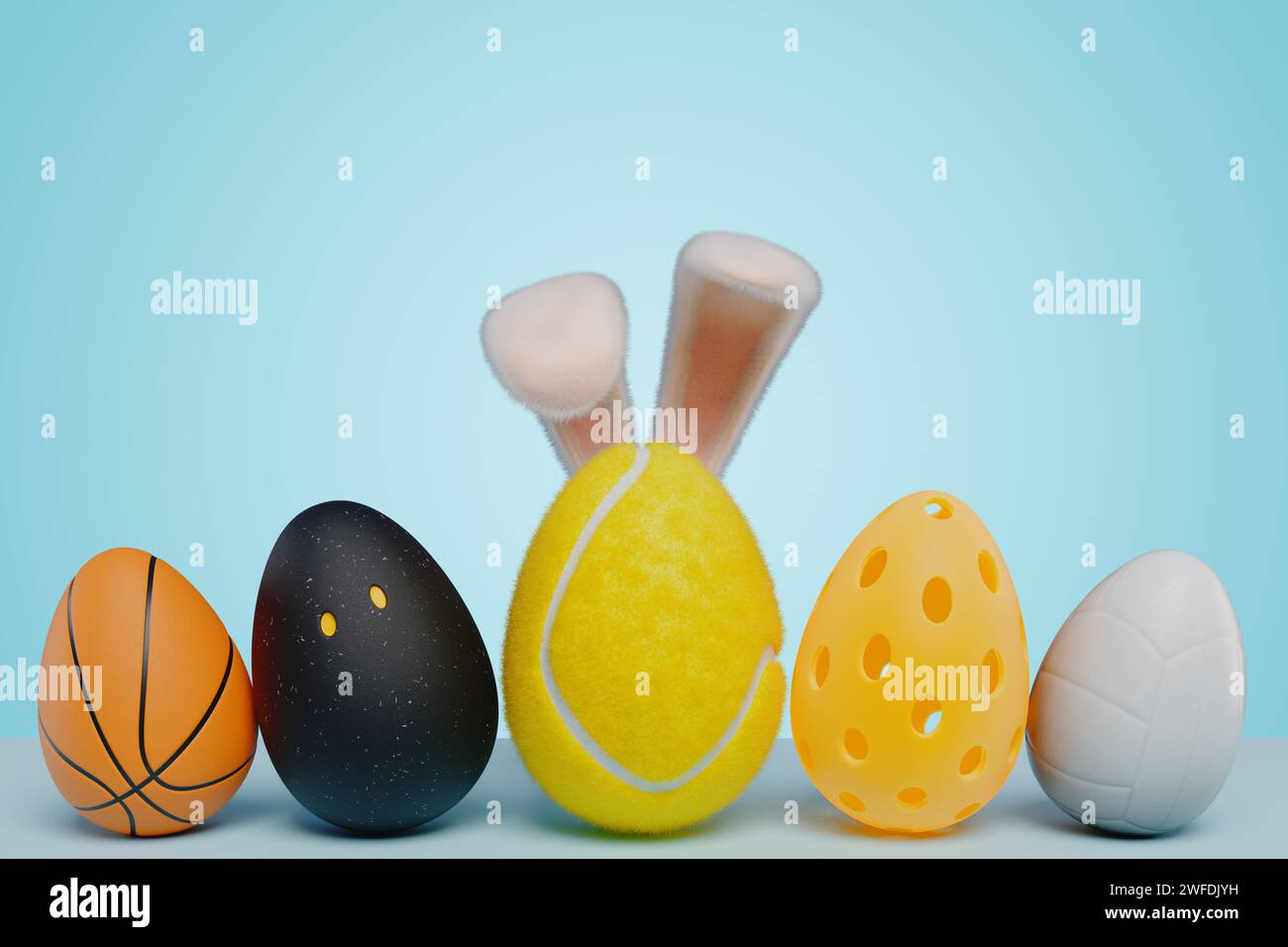 Sports balls in the shape of eggs with Easter bunny ears. 3d rendering ...