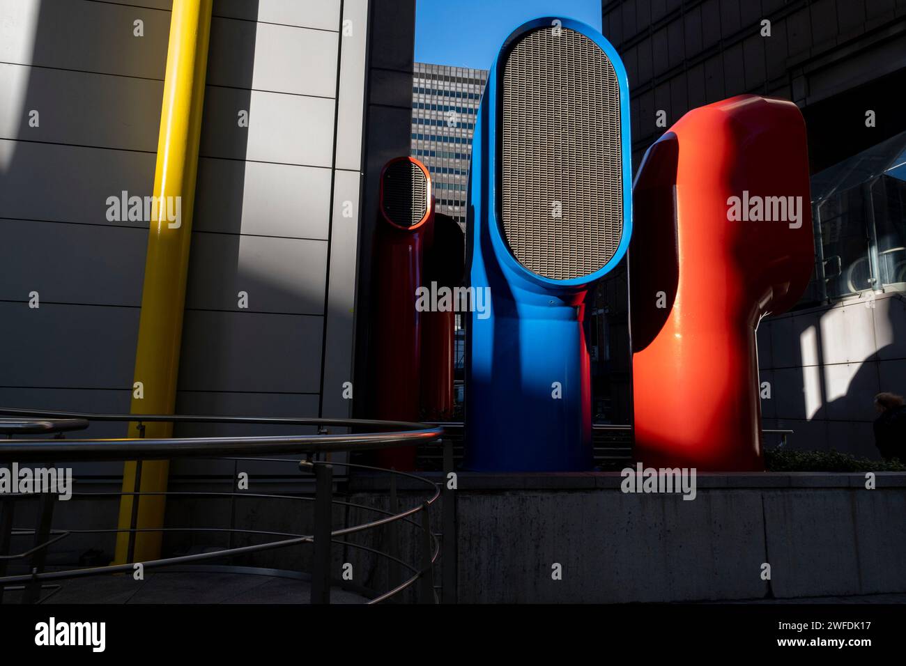 Red and blue air ducts shaped like funnels, which are part of Vents 88 ...