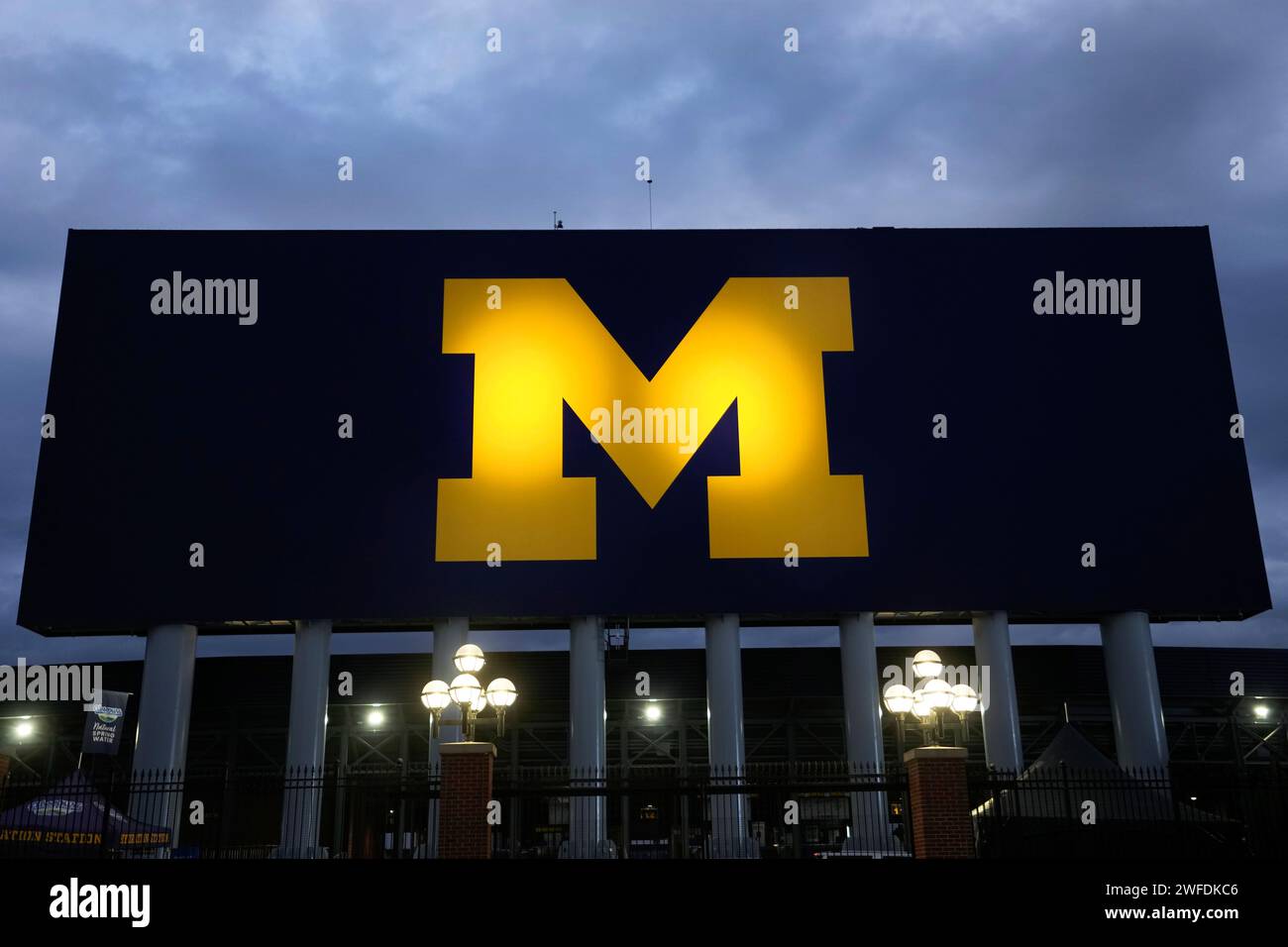 FILE - The block M logo for the University of Michigan is displayed at ...