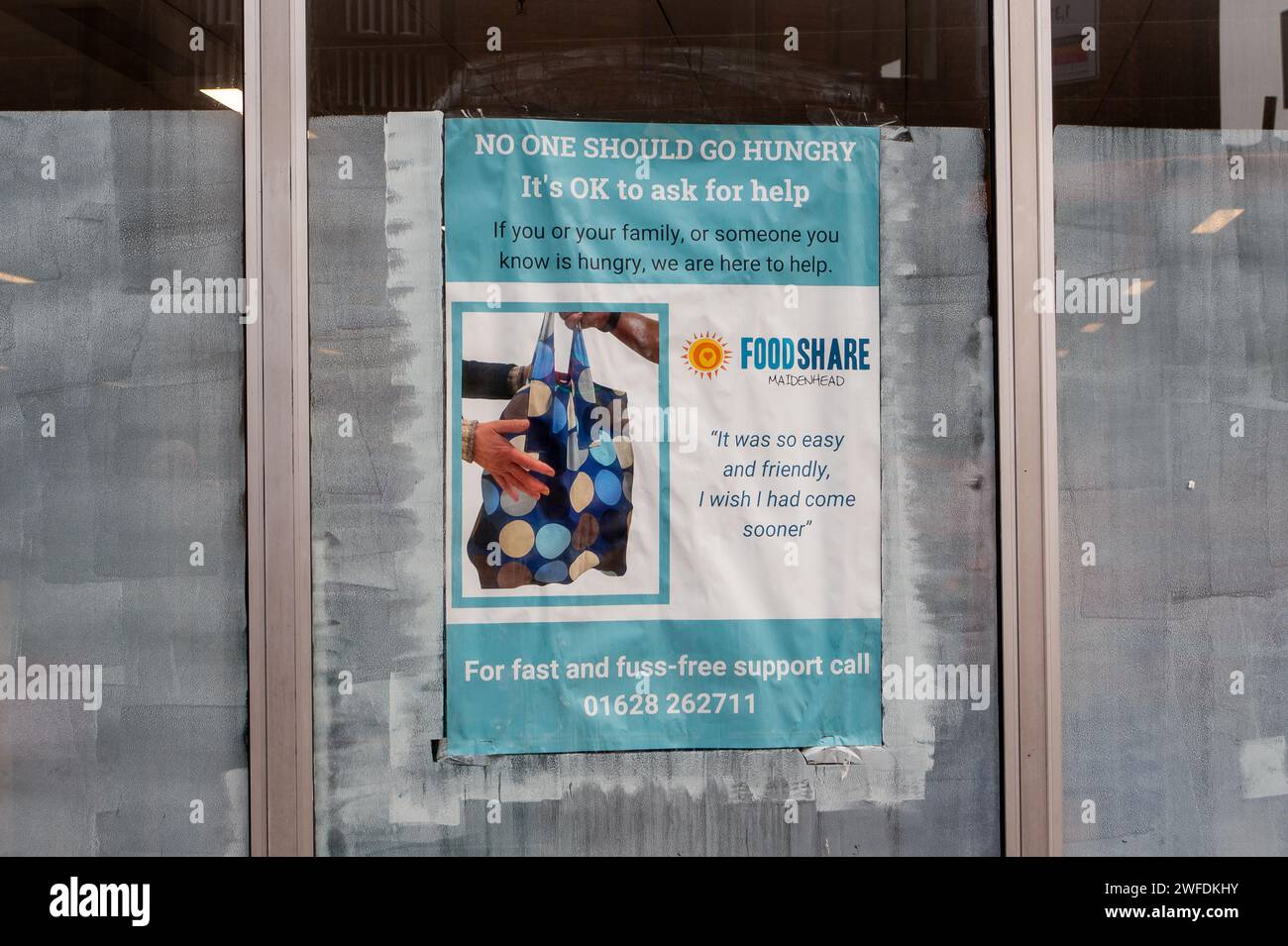 Maidenhead, Berkshire, UK. 29th January, 2024. A sign for the Foodshare ...