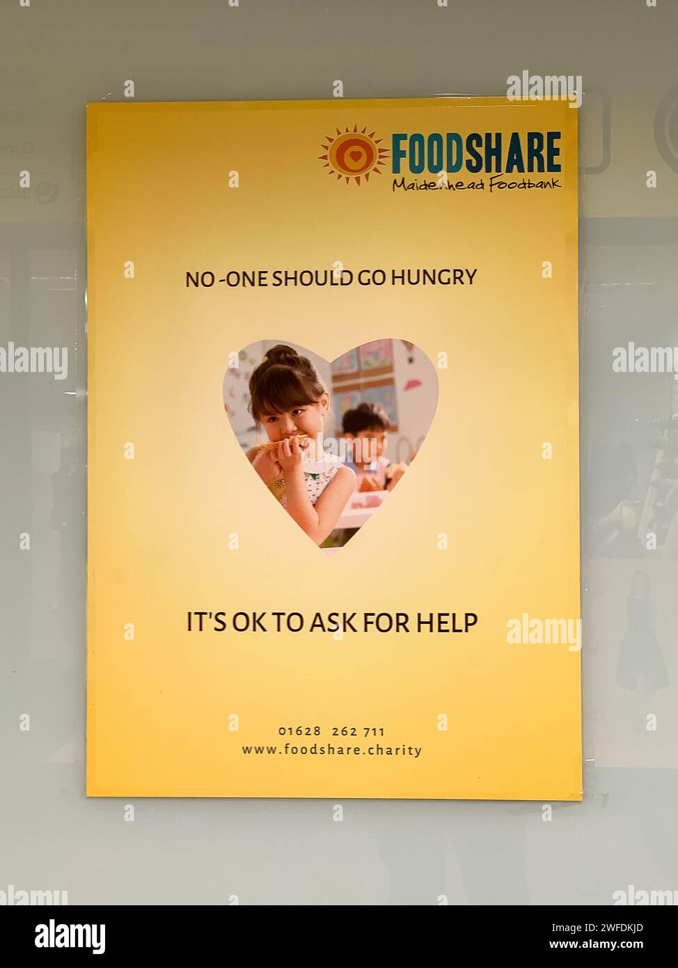 Maidenhead, Berkshire, UK. 29th January, 2024. A sign for the Foodshare ...