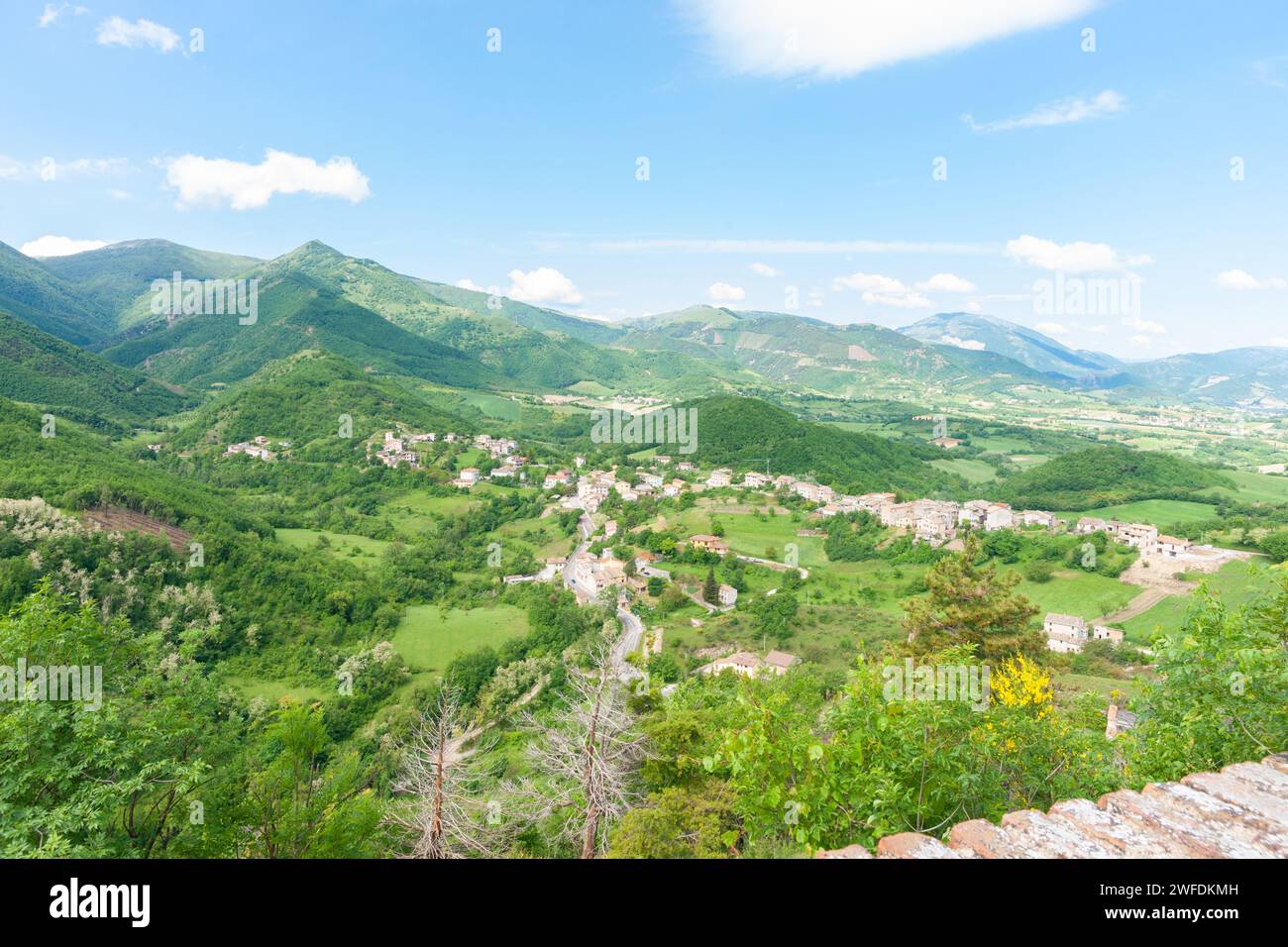 Wide Italian landscape and small village of Frontone in region Perugia ...
