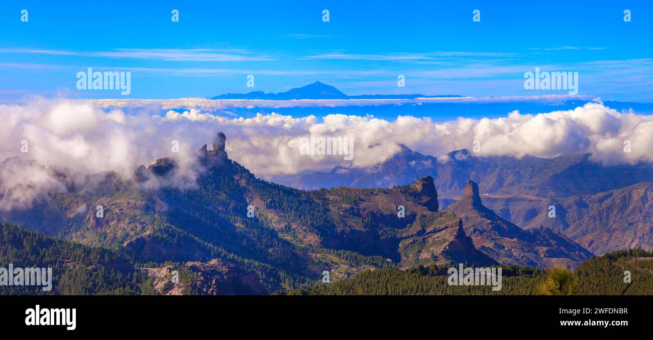 Grand Canary island, panoramic view of Roque nublo over clouds and view ...