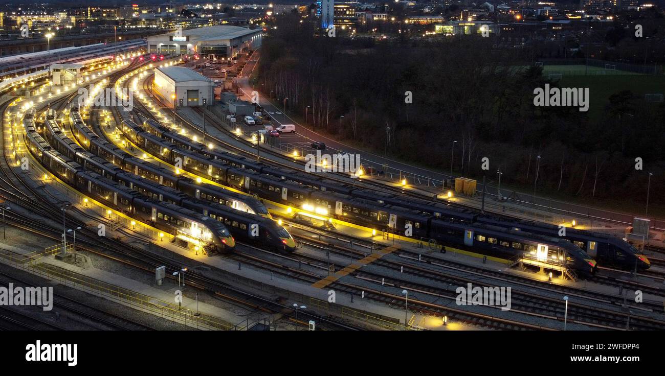 Southeastern trains in sidings at Ashford International Station in Kent ...