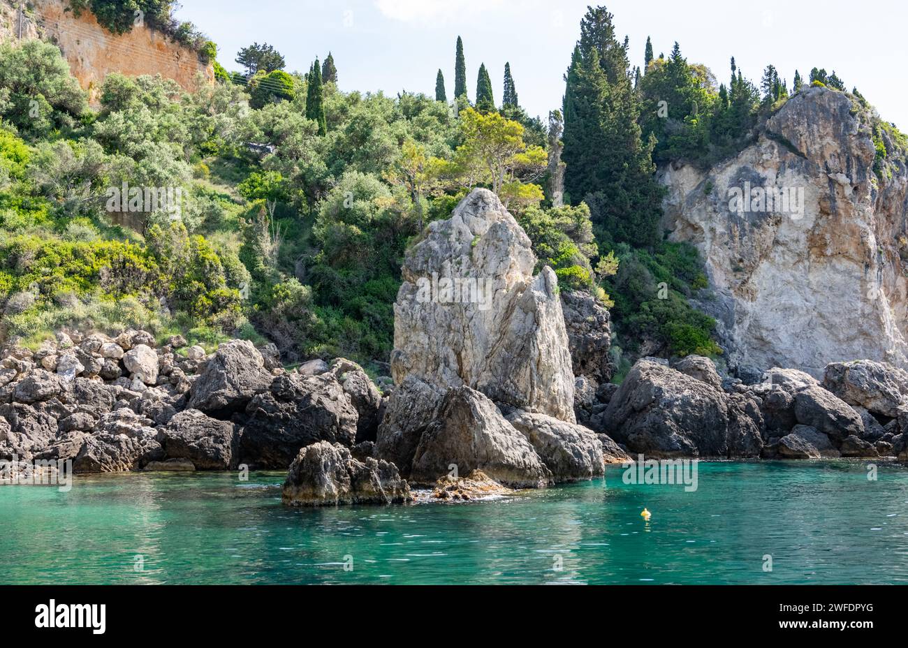 Scenic limestone cliffs and ridges on Western Corfu Island, Greece ...