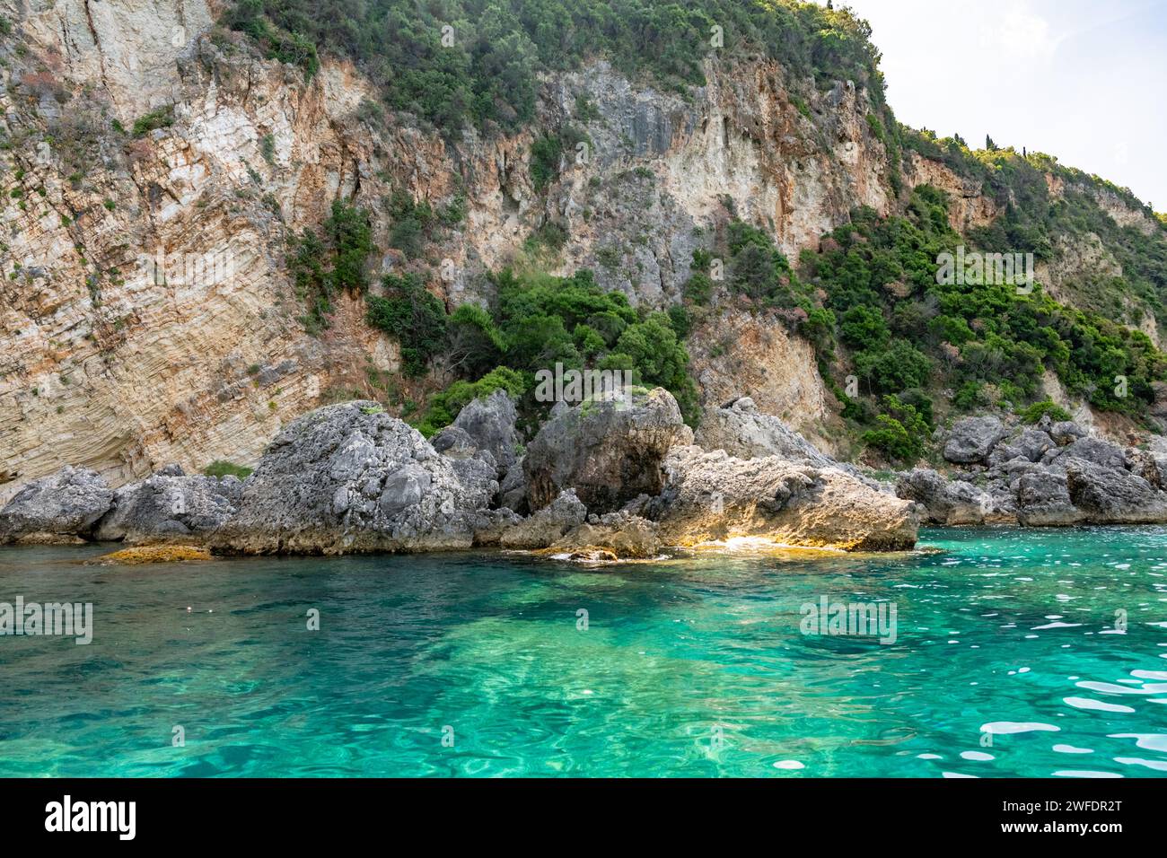 Picturesque limestone cliffs and ridges on Western Corfu Island, Greece ...