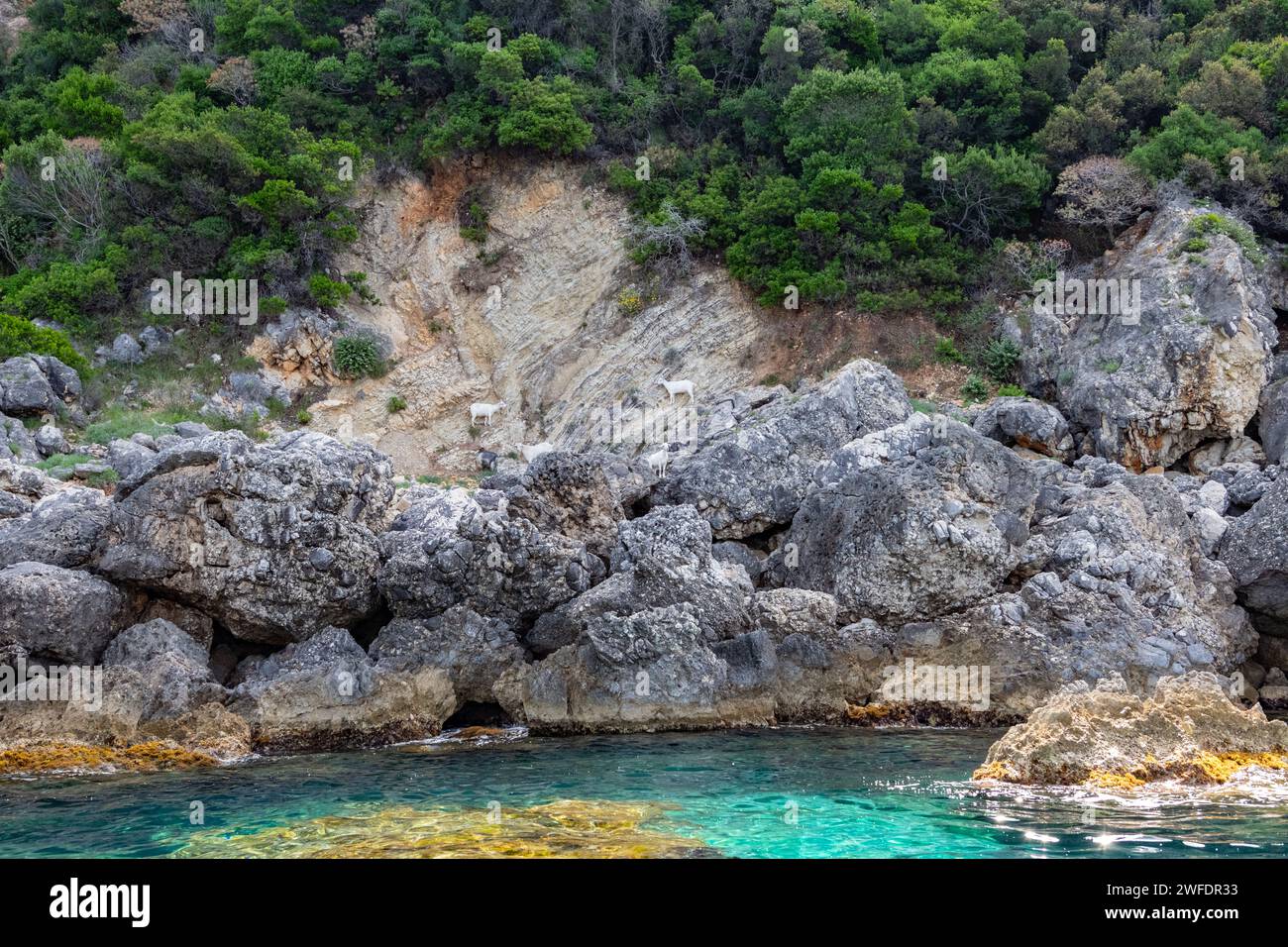 Scenic limestone cliffs and ridges on Western Corfu Island, Greece ...
