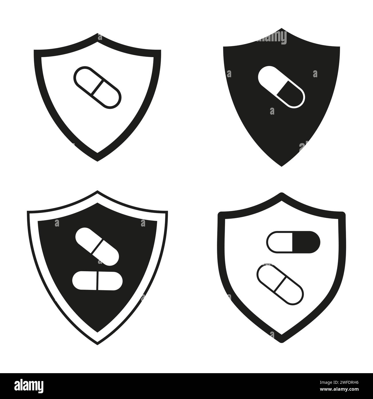 Shield with capsule pill icon set. Vector illustration. EPS 10. Stock ...