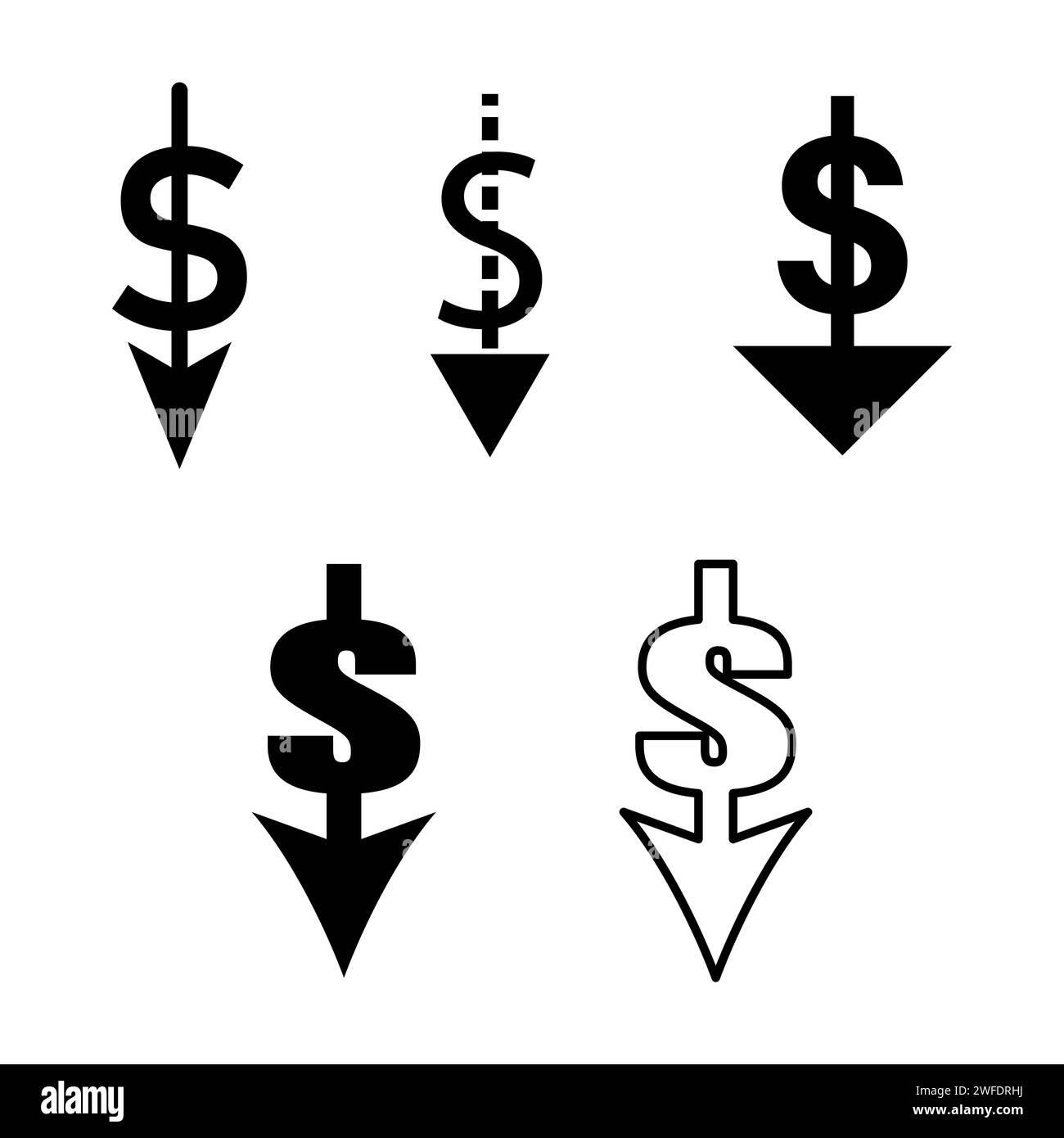 Cost reduction icon set. Money symbol with arrows down. Dollar decrease sign. Dollar down icon ...