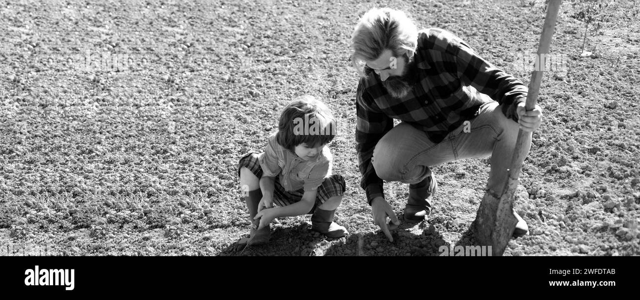 Father seeding plants with son. Dad helping kid gardening in garden ...