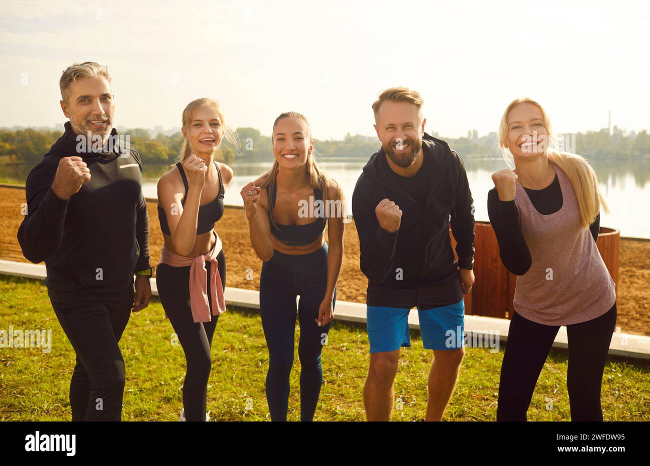 Group of happy diverse people motivating you to start outdoor fitness ...