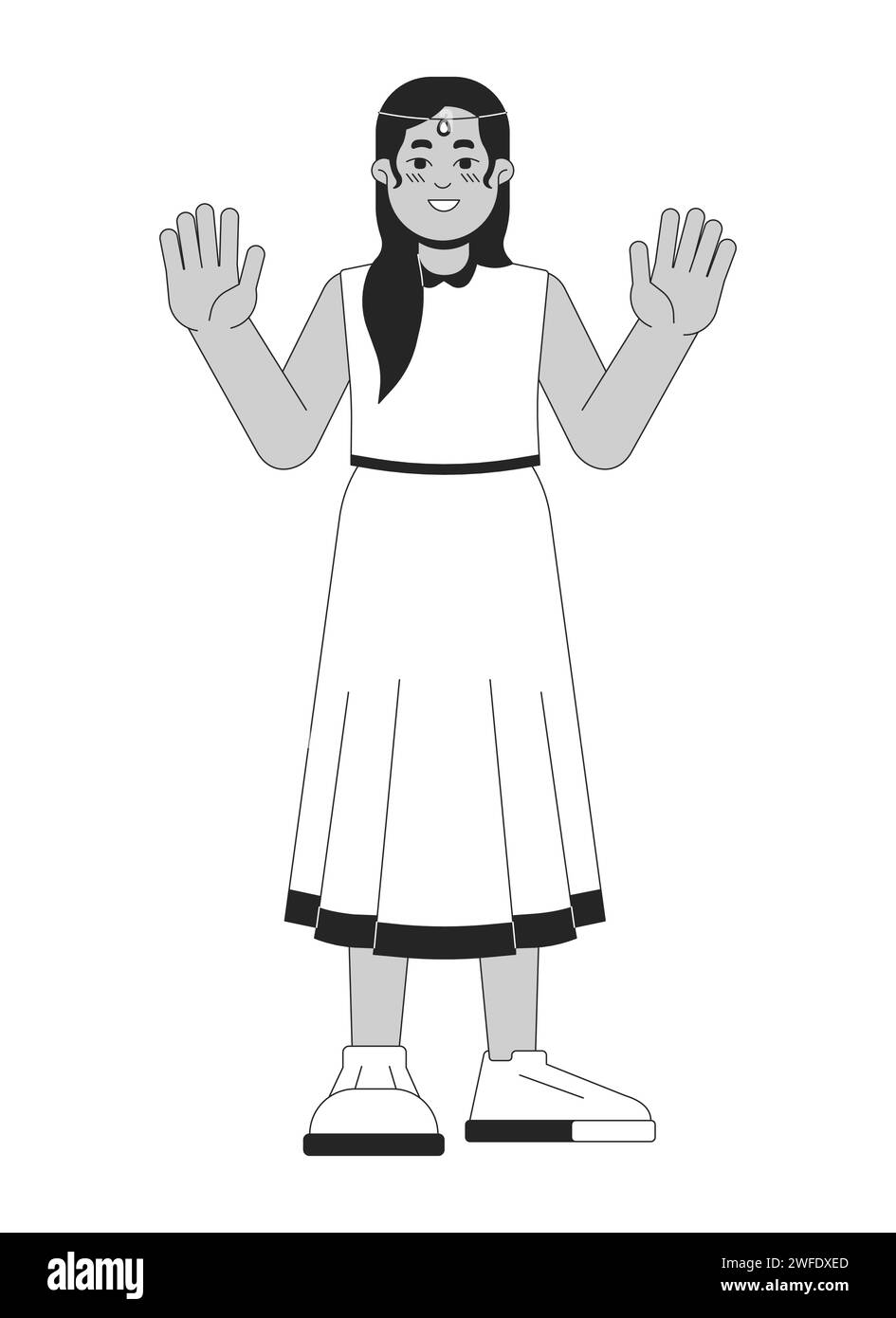 Waving hands happy south asian girl ethnic black and white 2D line cartoon character Stock ...