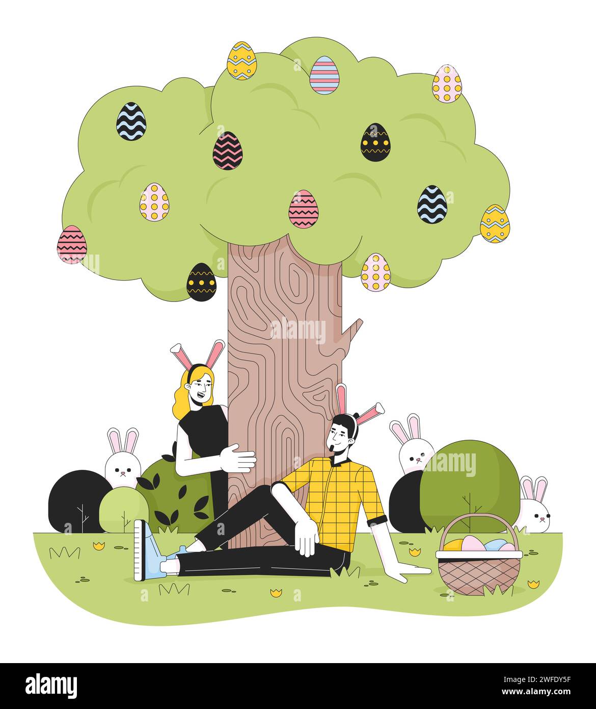 Easter egg hunting 2D linear illustration concept Stock Vector Image ...