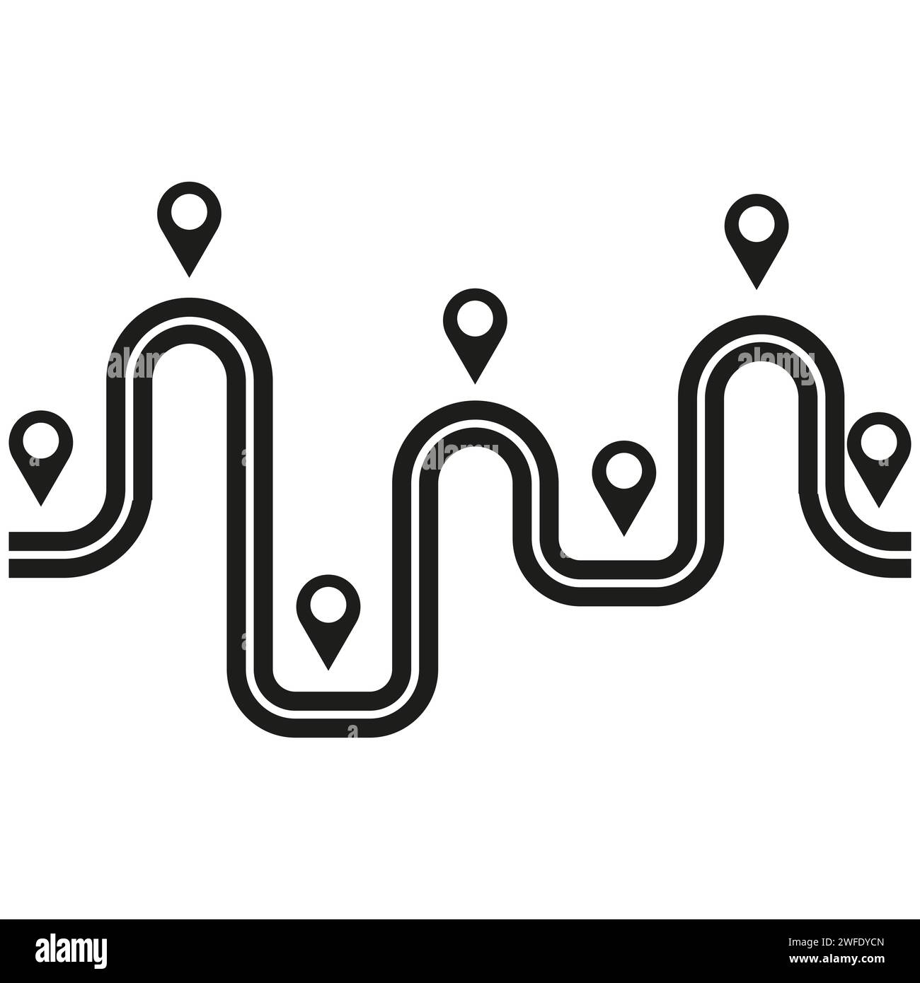 Highway winding route track. Curve asphalt road path with pin pointers ...