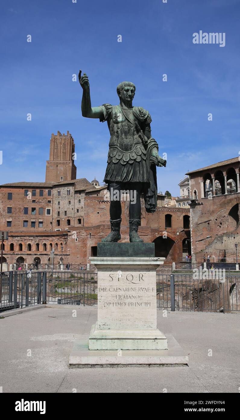 Italy. Rome. Statue of roman emperor Trajan (53-117). Imperial fora ...
