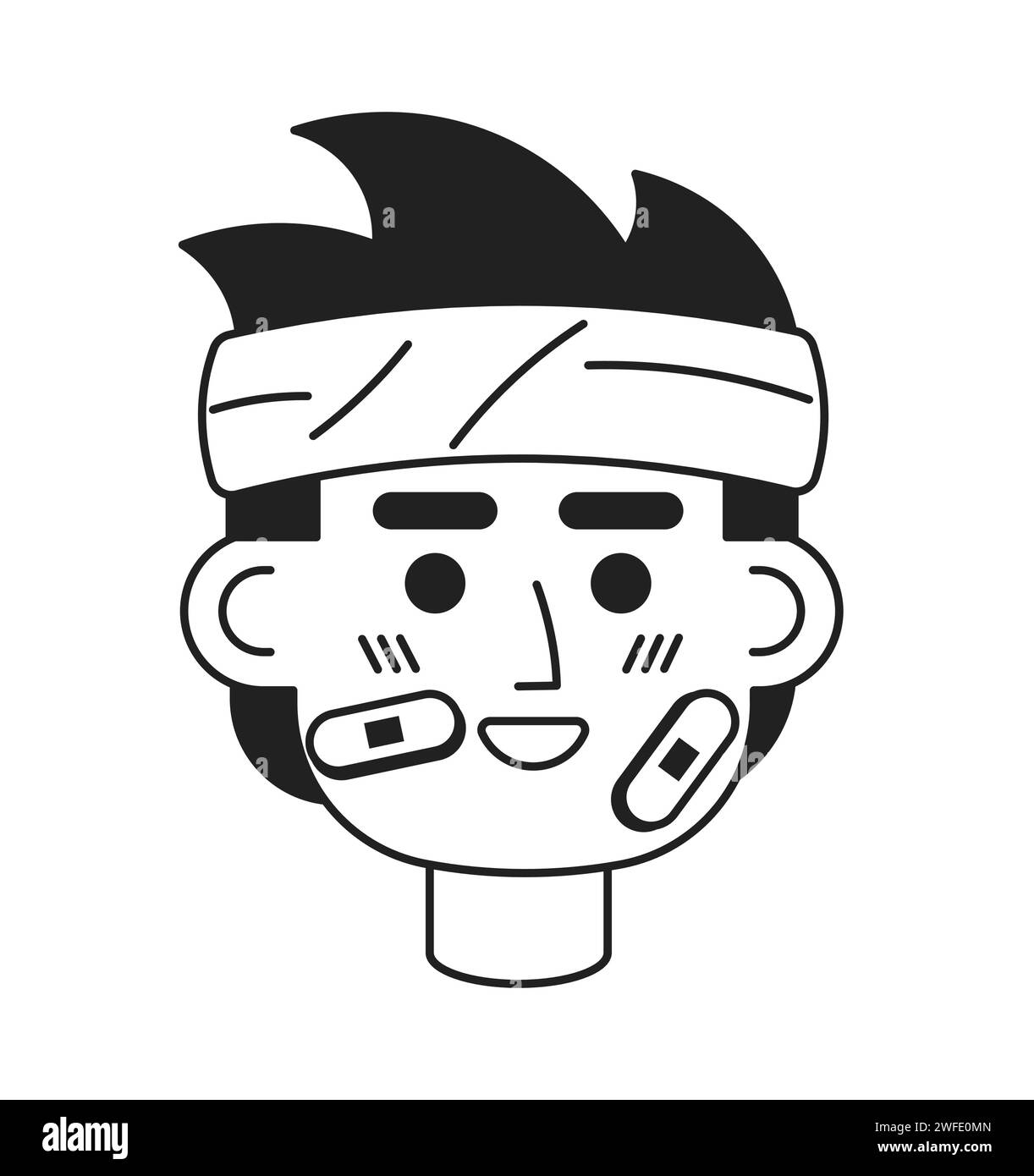 Bandage wrapped head man cheerful black and white 2D vector avatar ...