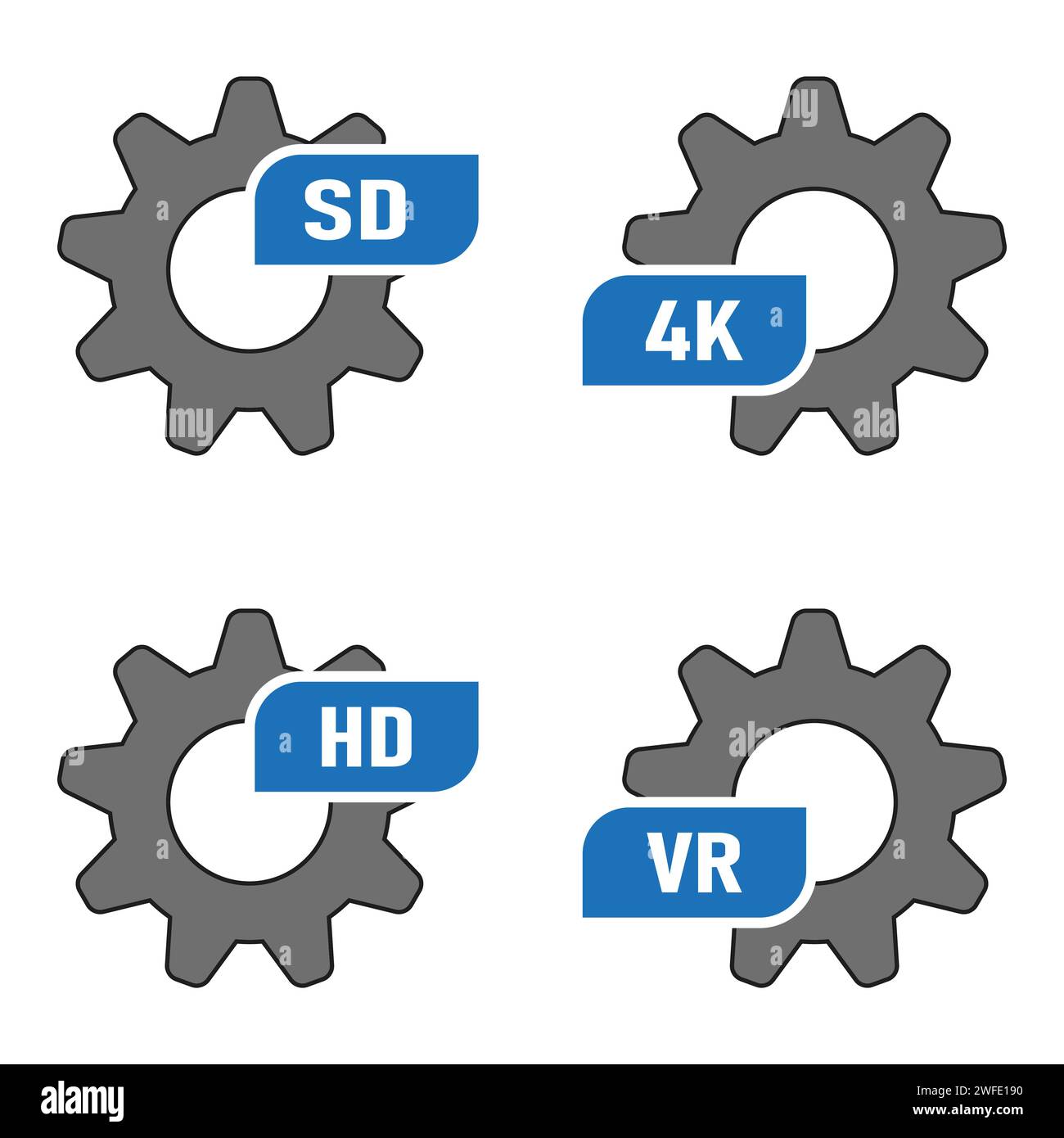 Set of video player quality settings icon. HD, SD, 4K, VR flat icon ...