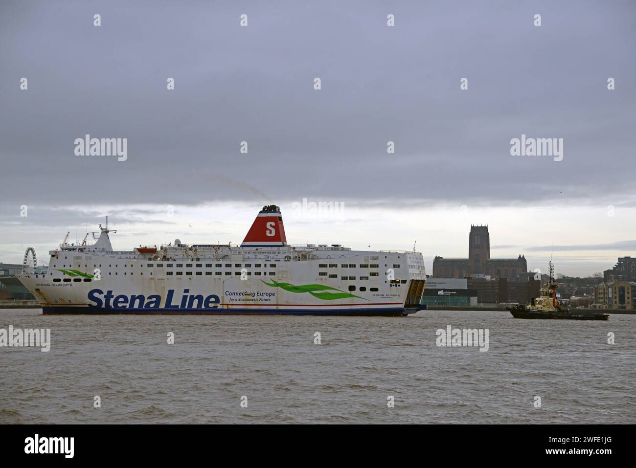 STENA LINE ferry, STENA EUROPE, under tug escort in the RIVER MERSEY ...