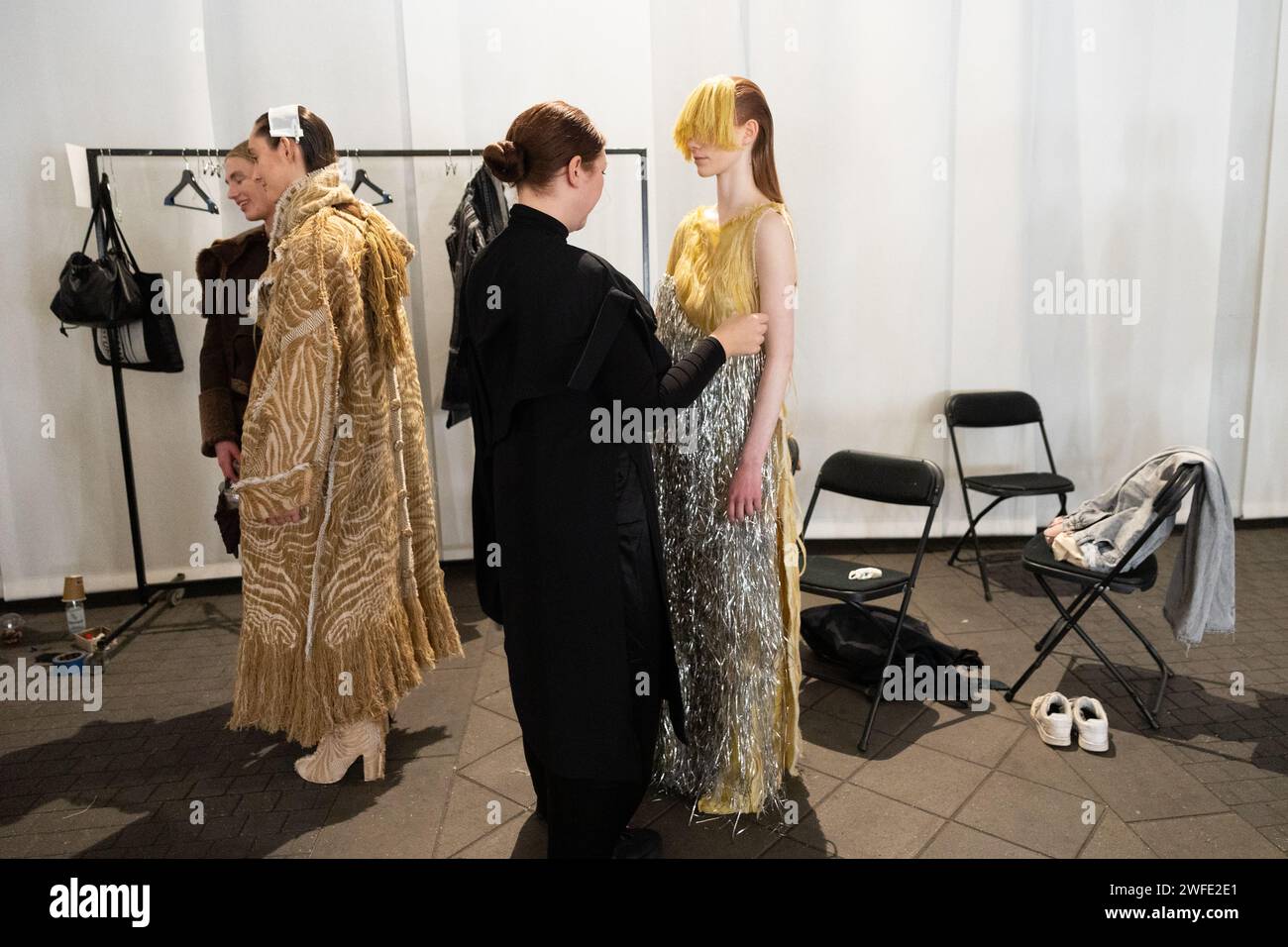 Copenhagen, Denmark. January 30th, 2024. A model backstage at the ALPHA Autumn/Winter 2024 show ...