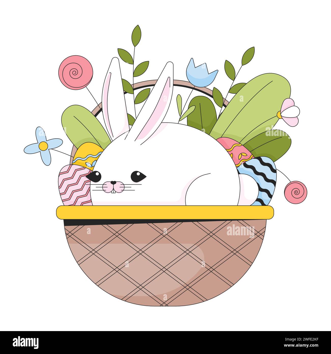 Rabbit Easter basket 2D linear illustration concept Stock Vector Image ...