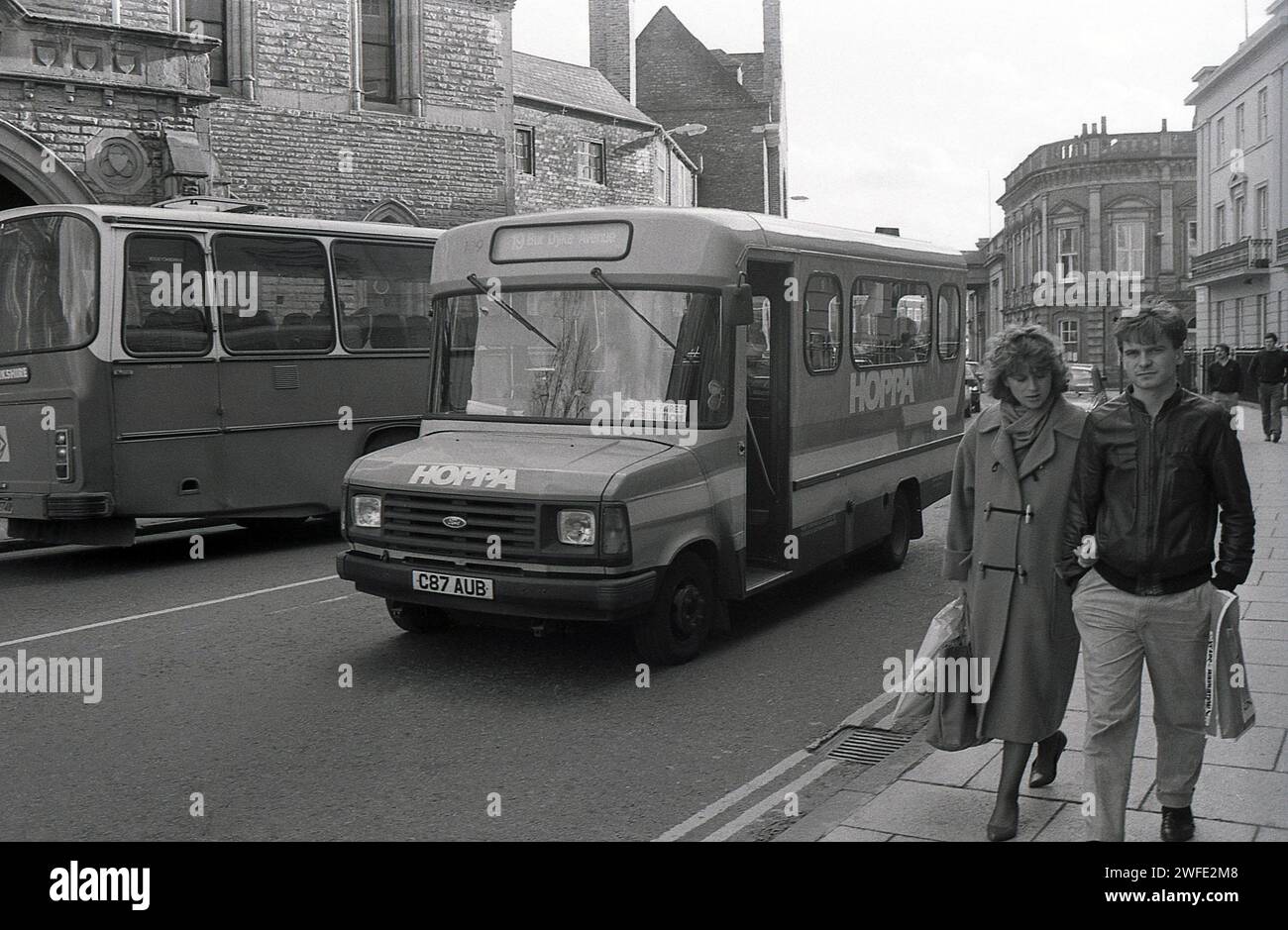 1987, historical, on the road a Hoppa bus, York, England, UK. This form ...