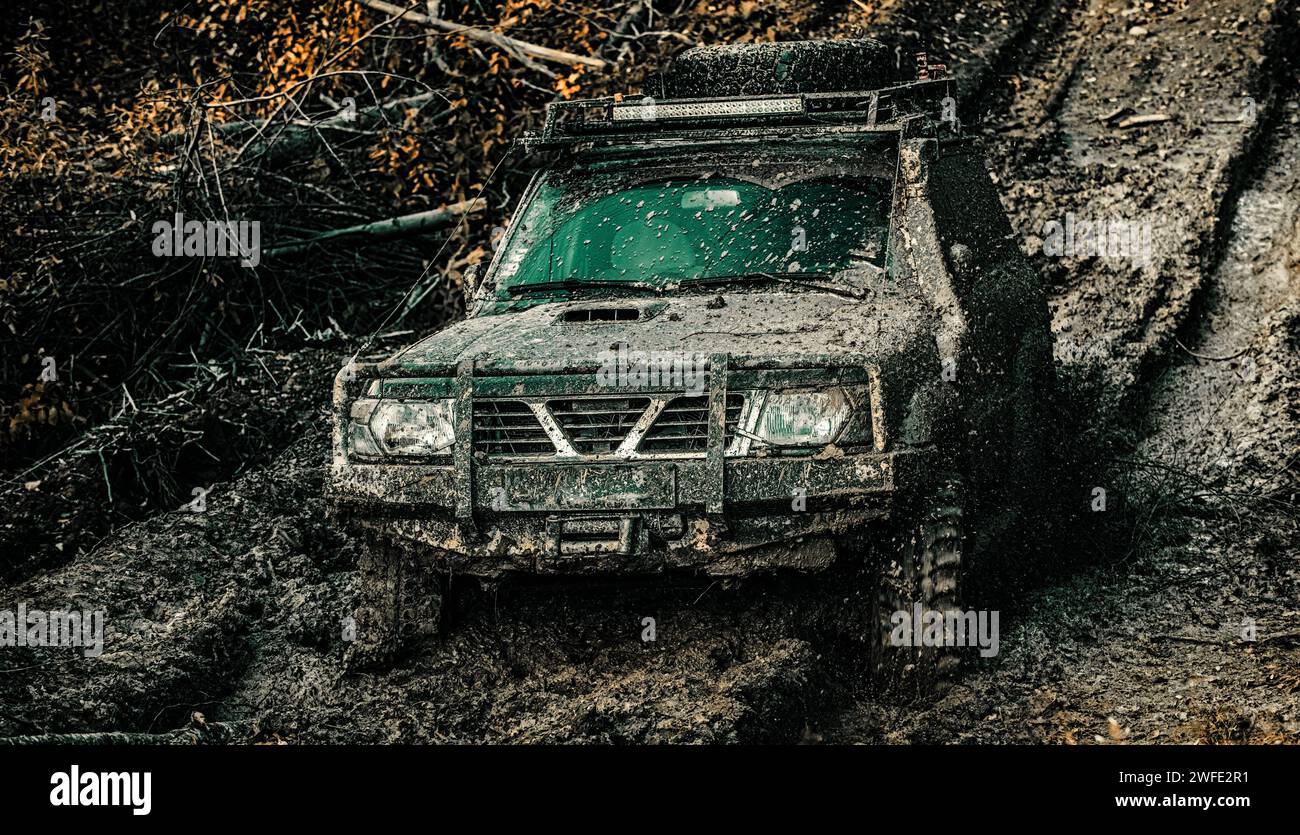 Offroad vehicle goes on the mountain. Road adventure. Adventure travel ...