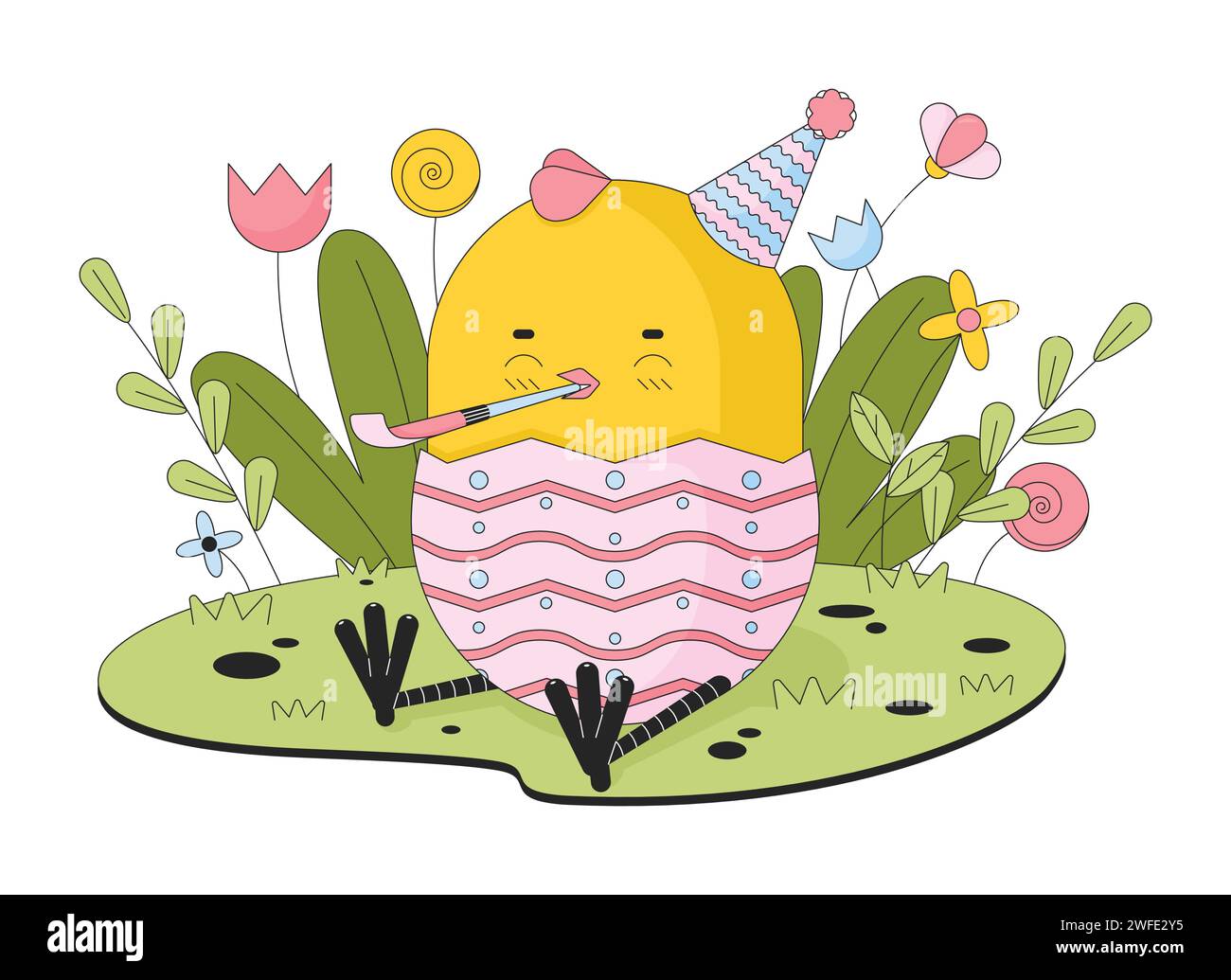 Easter young chicken party blower 2D linear illustration concept Stock ...