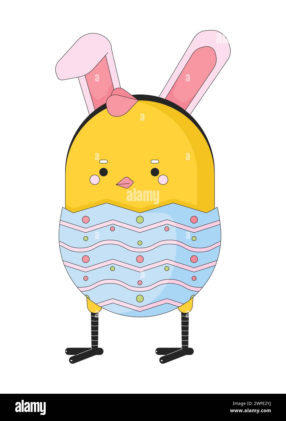 Easter chick egg wearing bunny ears 2D linear illustration concept ...