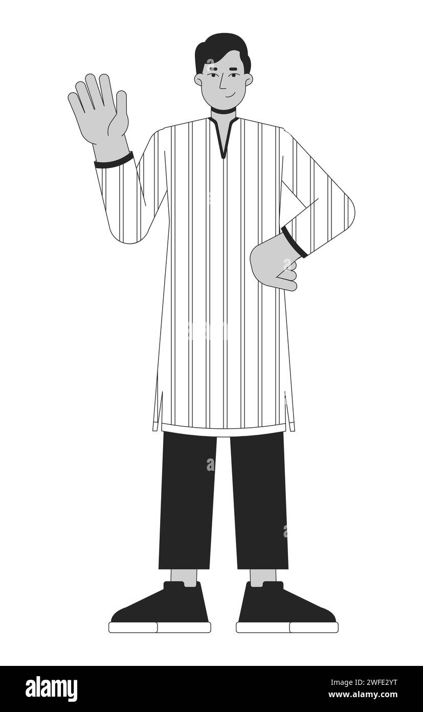 Tunic kurta young adult man waving hand black and white 2D line cartoon character Stock Vector ...
