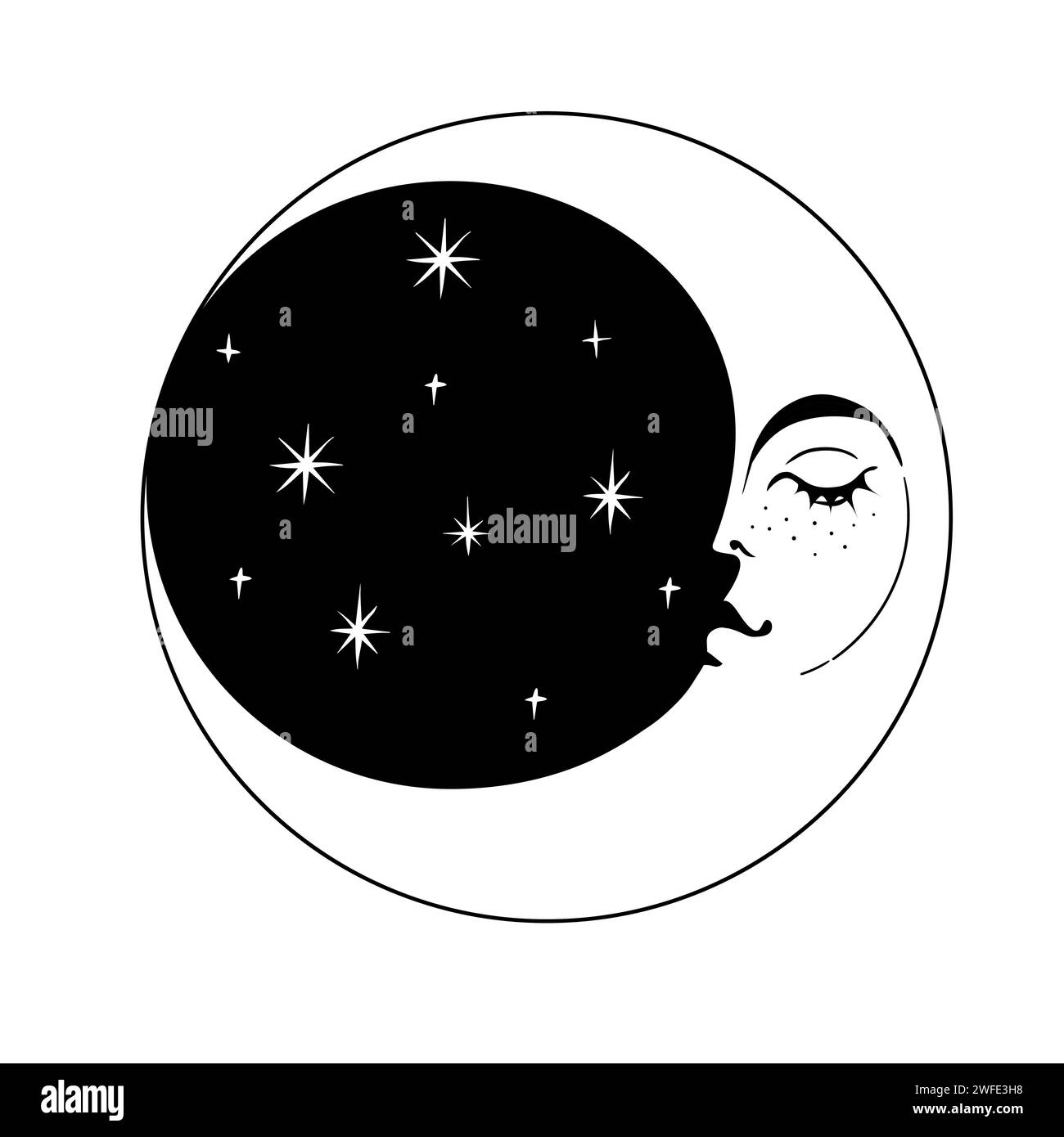 Stylish crescent moon face and sky with stars, celestial outline tattoo ...