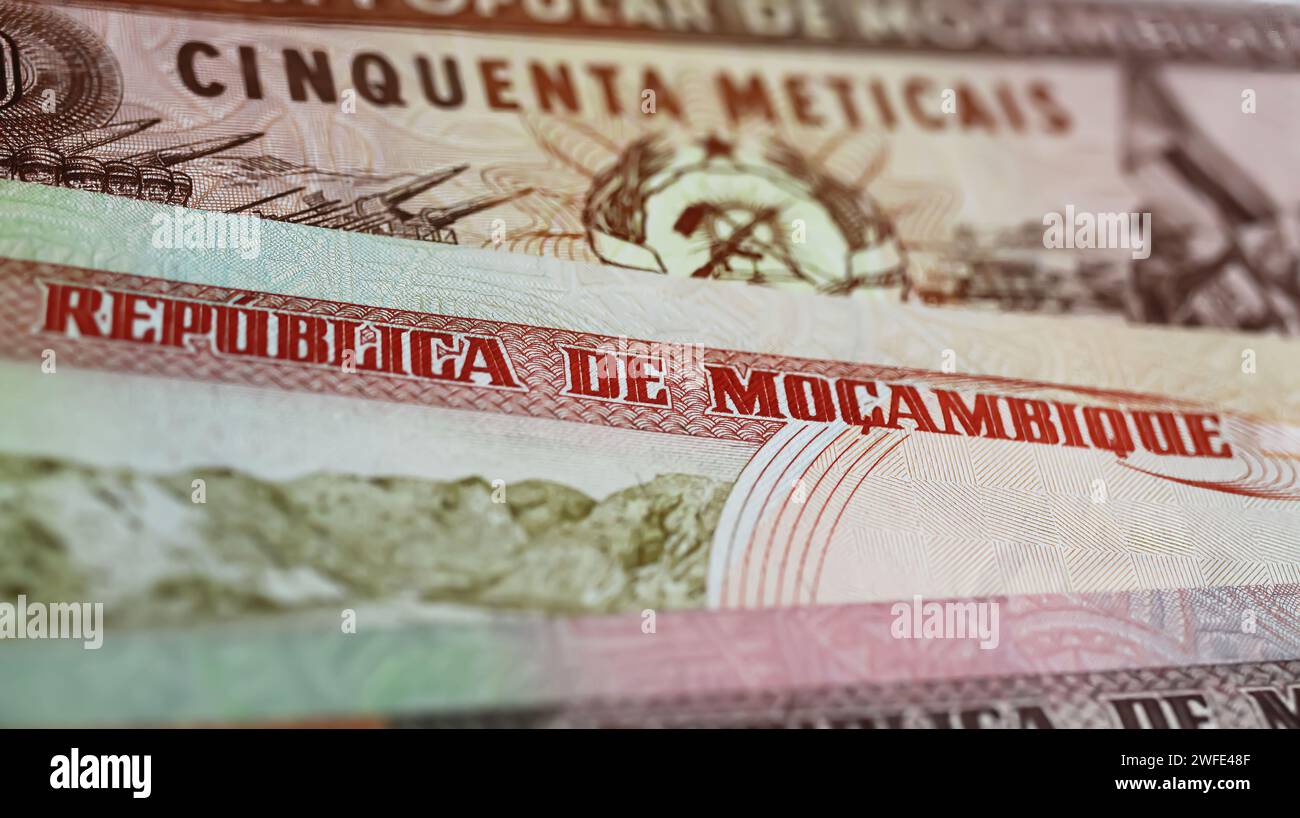 Closeup of old historical banknote of republic of Mozambique metical ...