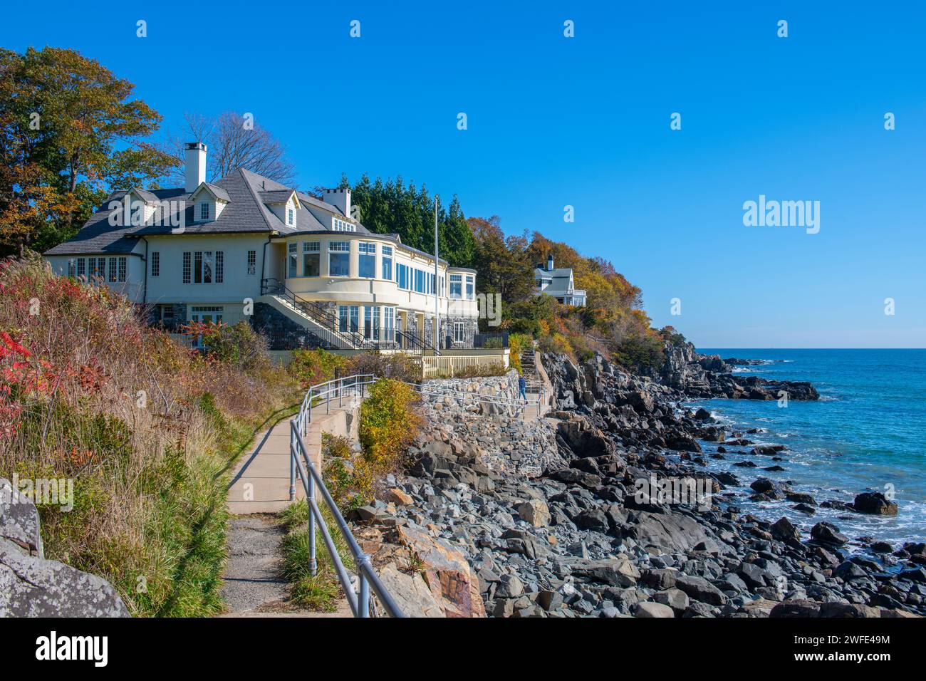 Historic mansion on Cliff Walk in fall at York Harbor Beach in village ...
