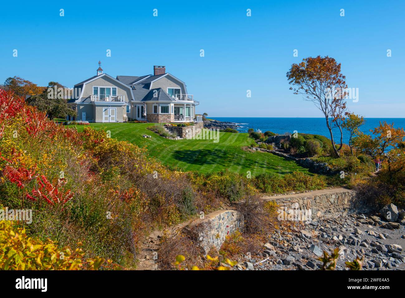 Historic mansion on Cliff Walk in fall at York Harbor Beach in village ...
