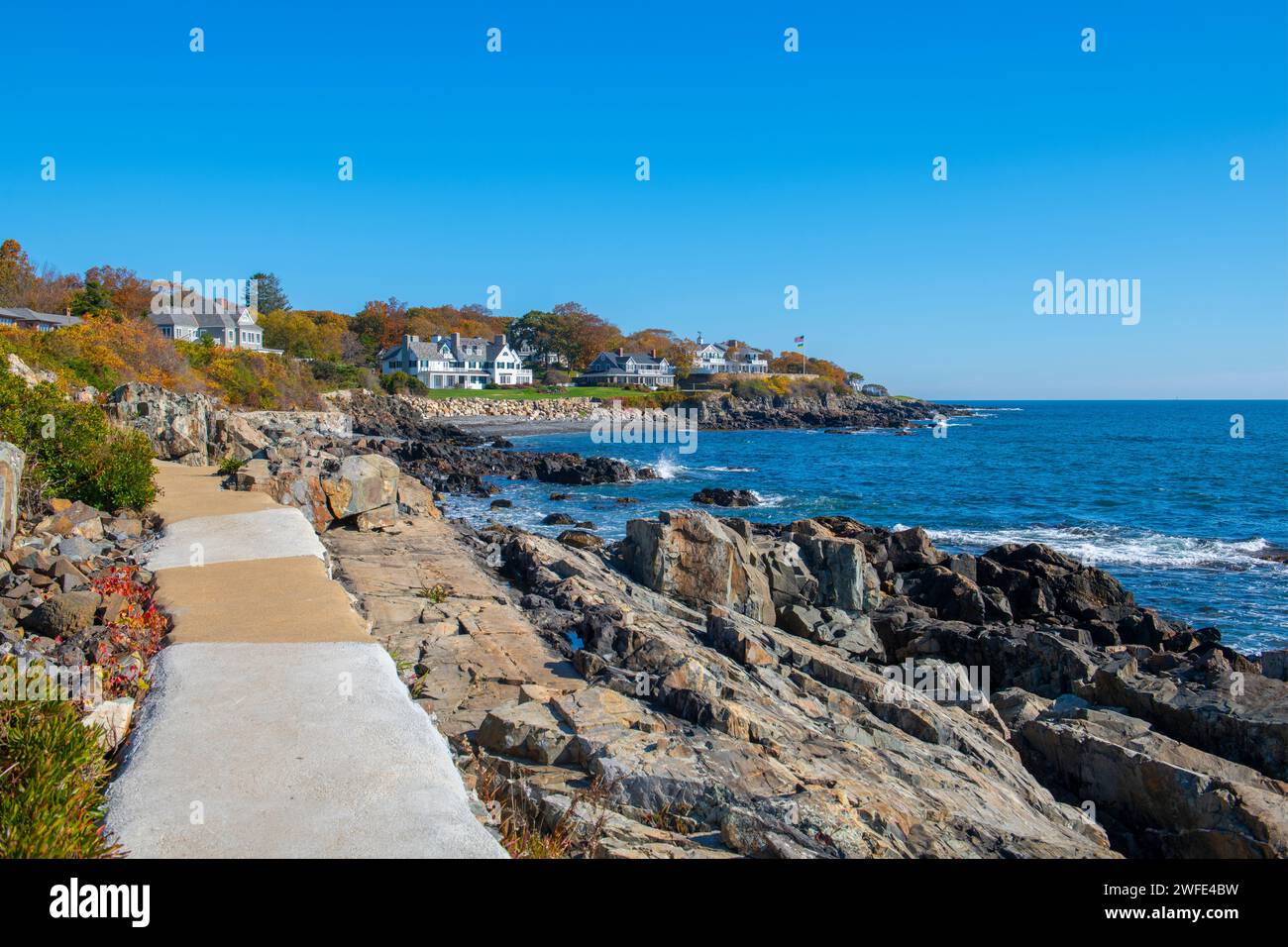 Historic mansion on Cliff Walk in fall at York Harbor Beach in village ...