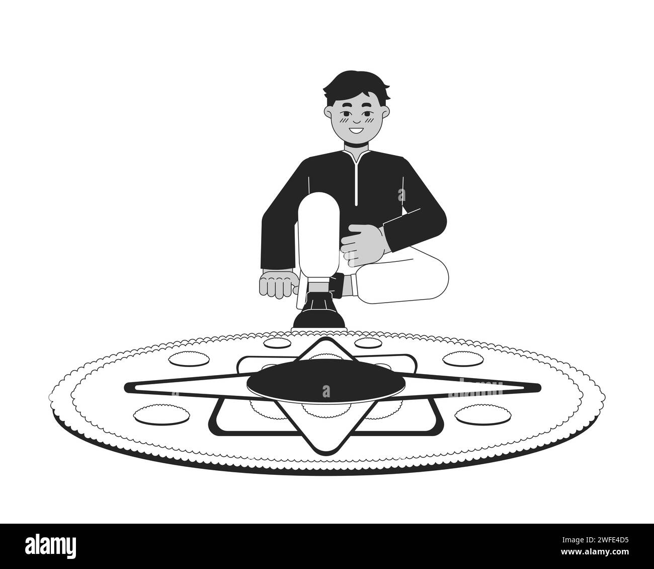 Young indian boy creating rangoli black and white 2D line cartoon ...