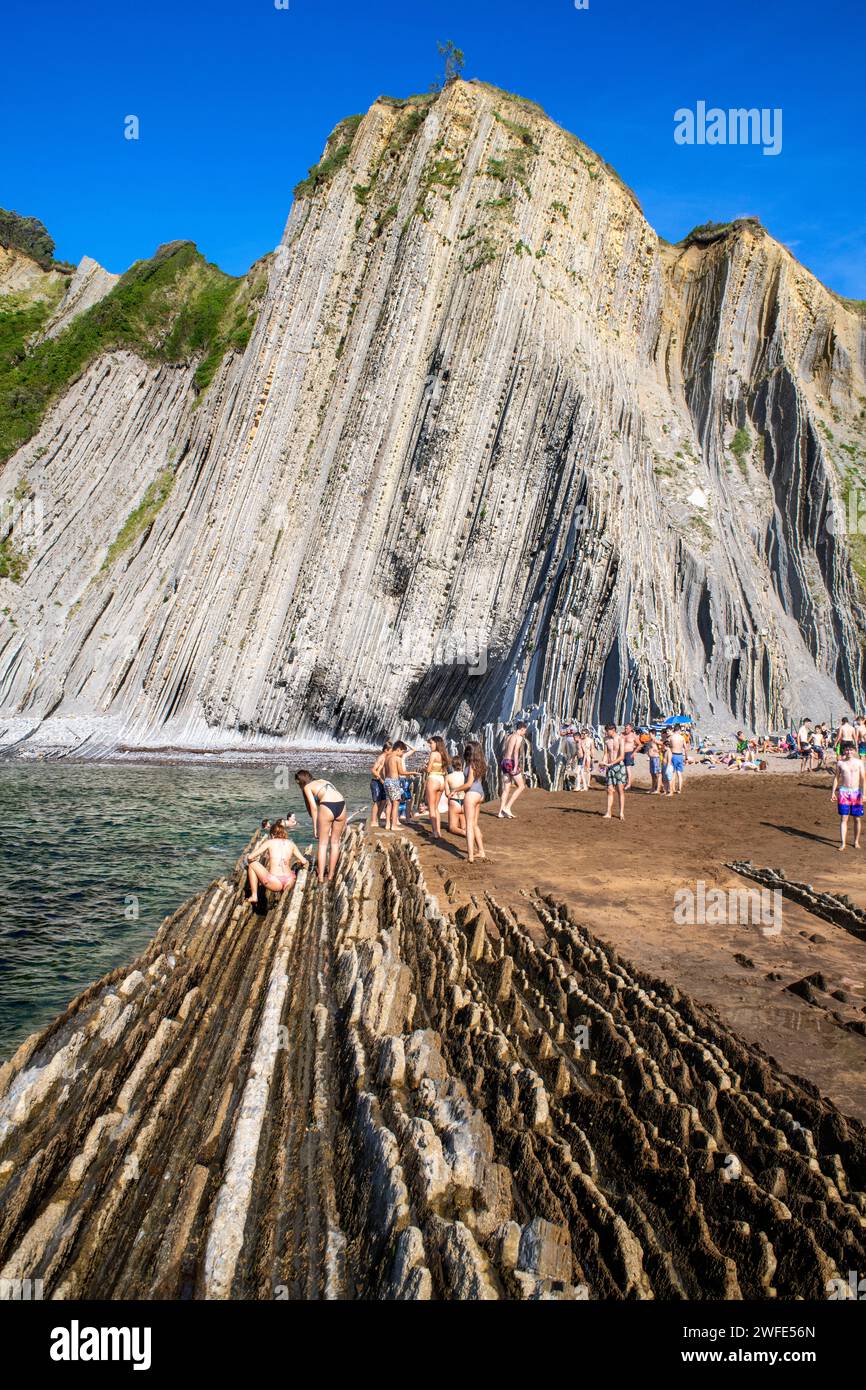 Itzurun beach and Flysch de Zumaia flysch, sedimentary rock formations ...