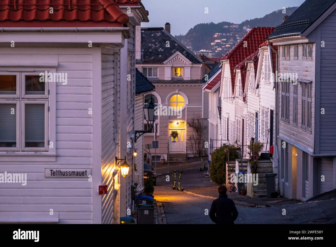 Evening light in the Bergenhus neighborhood of Bergen, Norway Stock ...