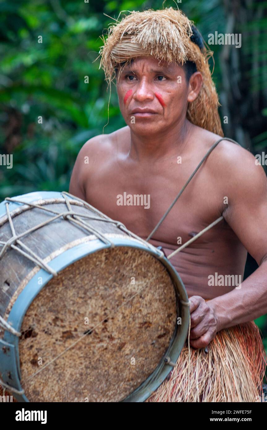Flute drums music of Yagua Indians living a traditional life near the ...