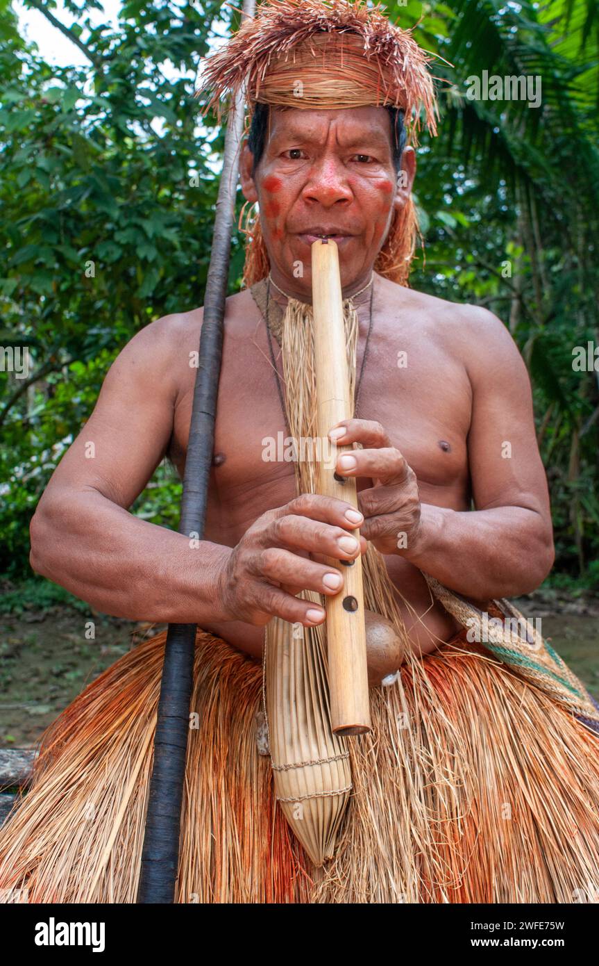 Flute drums music of Yagua Indians living a traditional life near the ...