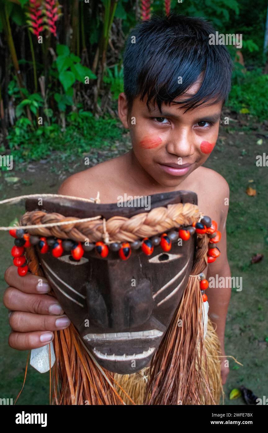 Local masks of Yagua Indians living a traditional life near the ...