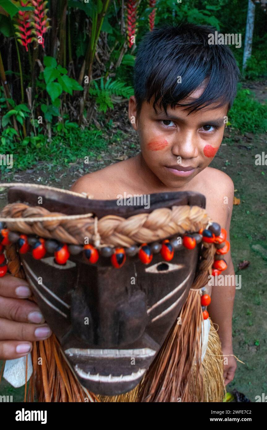 Local masks of Yagua Indians living a traditional life near the ...