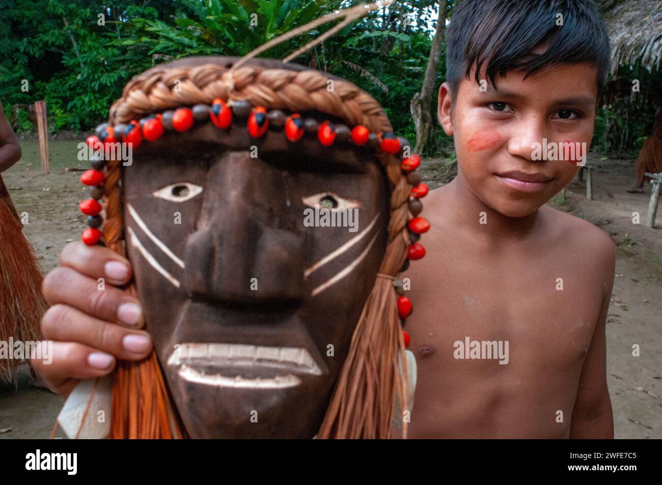 Local masks of Yagua Indians living a traditional life near the ...