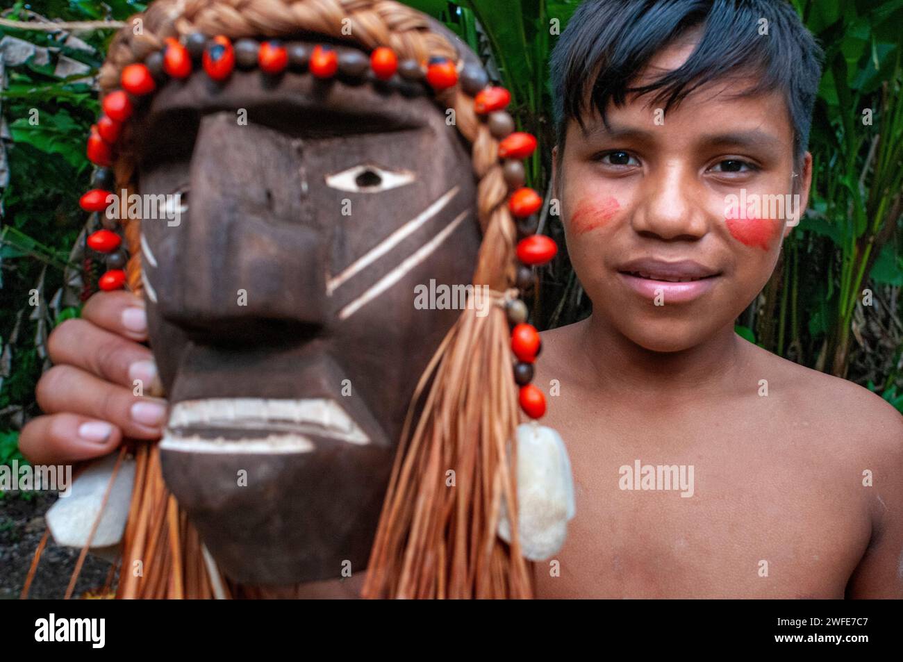 Local masks of Yagua Indians living a traditional life near the ...