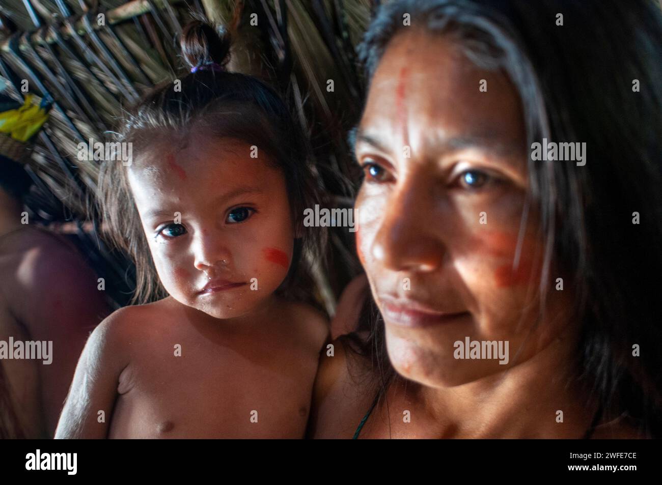 Family of yagua Indians living a traditional life near the Amazonian ...