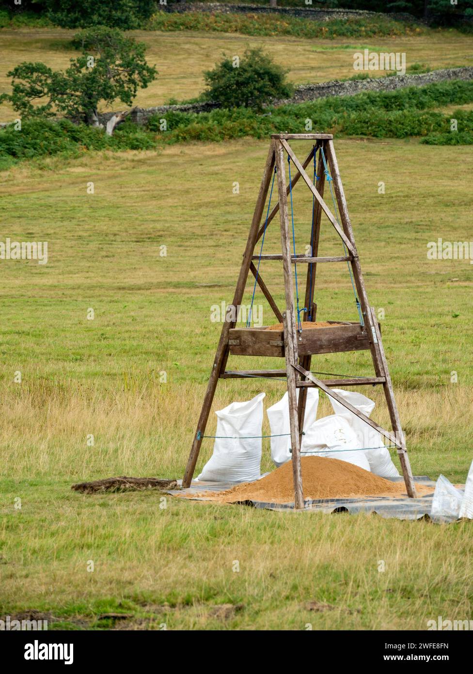 Tripod / A-frame mounted archeology sieve / sifter / screen in Bradgate ...