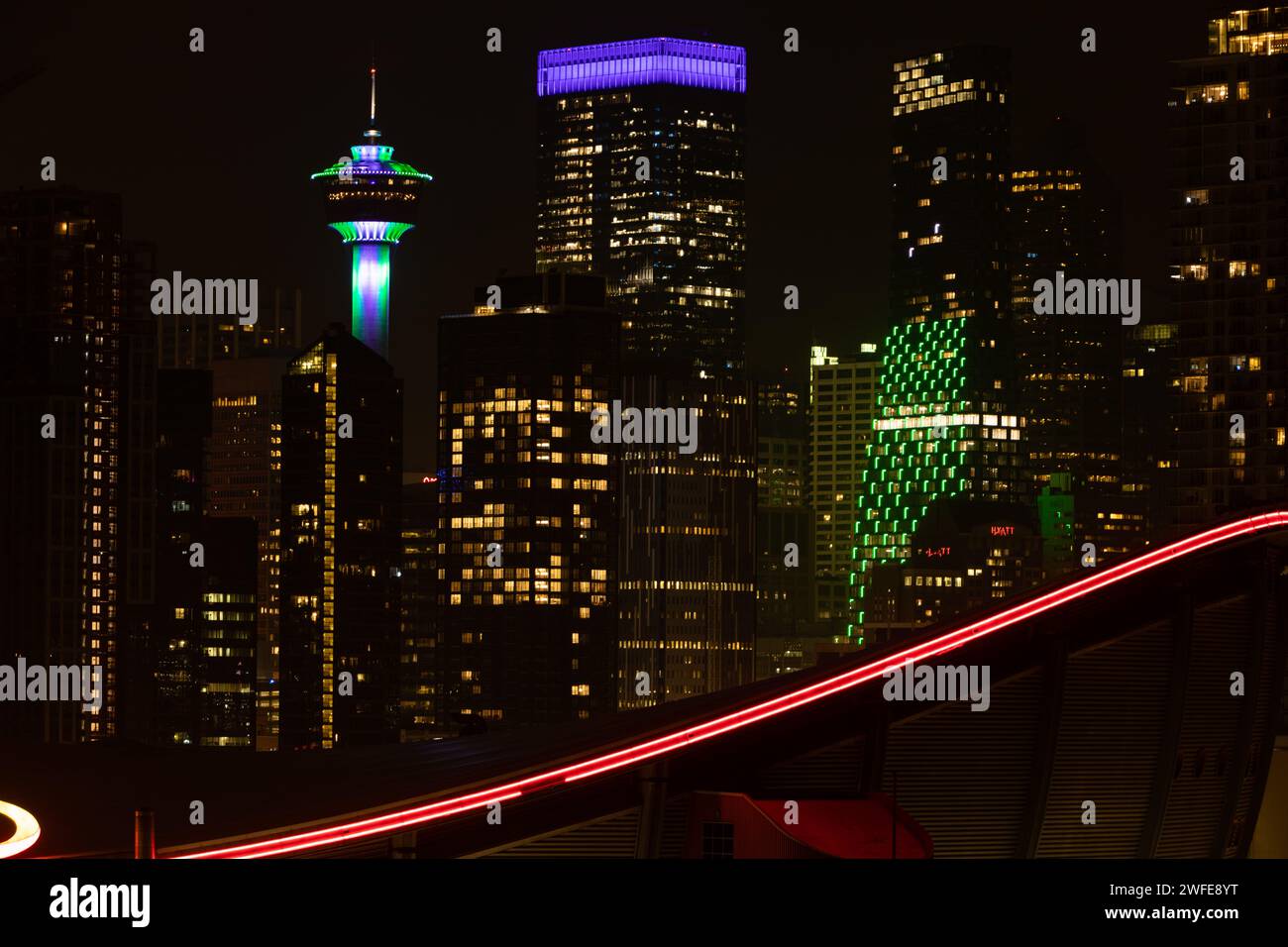 Calgary skyline at night, office towers in the background filling up ...