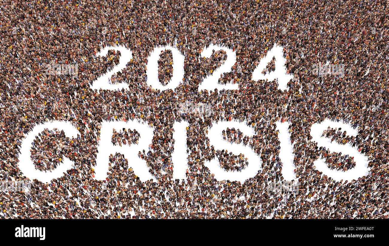 Concept or conceptual large community of people forming 2024 year. 3d ...