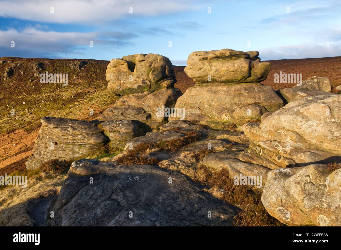 Winter sunset from Ringing Roger on Kinder Scout in the Peak District ...